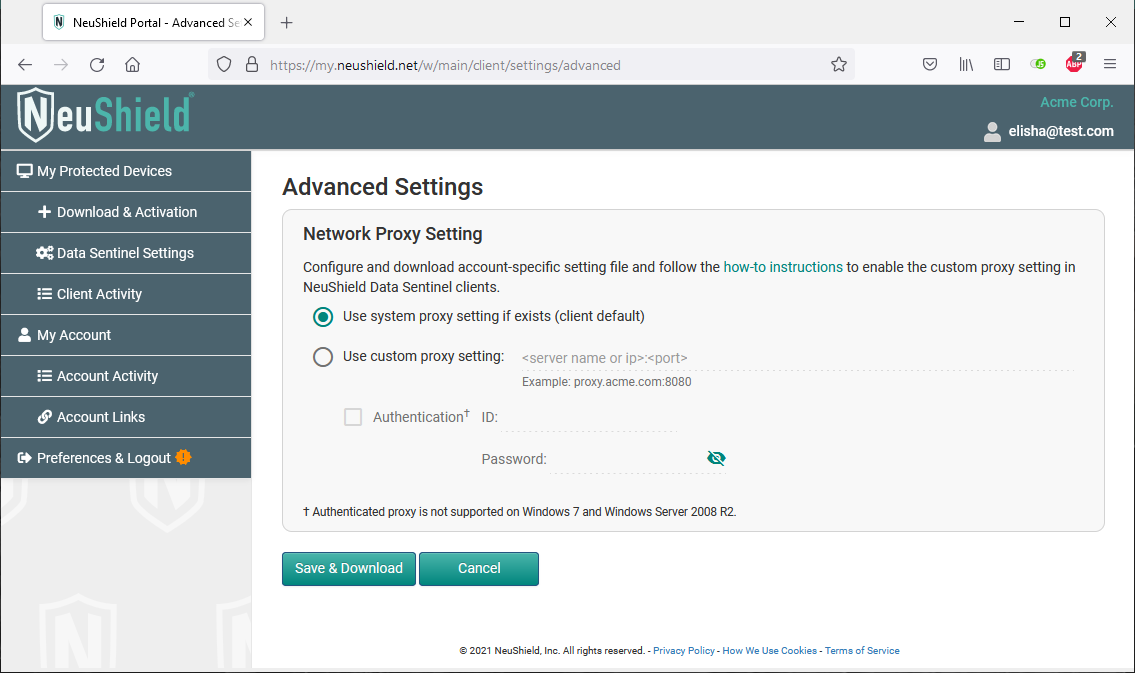 Advanced Settings (Proxy Settings) – NeuShield Support